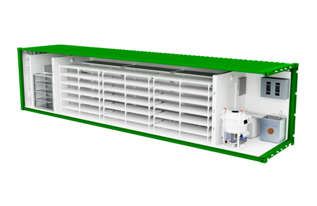 Container voor vertical farming die binnen 3-6 weken te installeren is